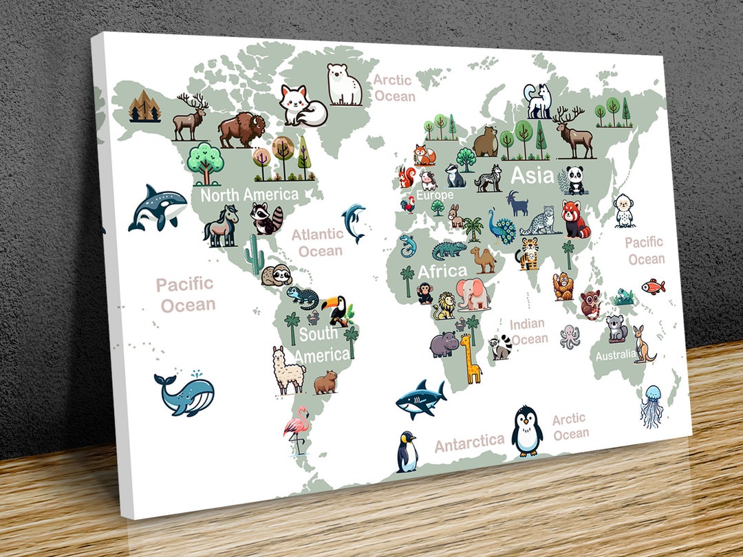 Kids World Map Educational Animals Continents Oceans, Wall Hangings ...