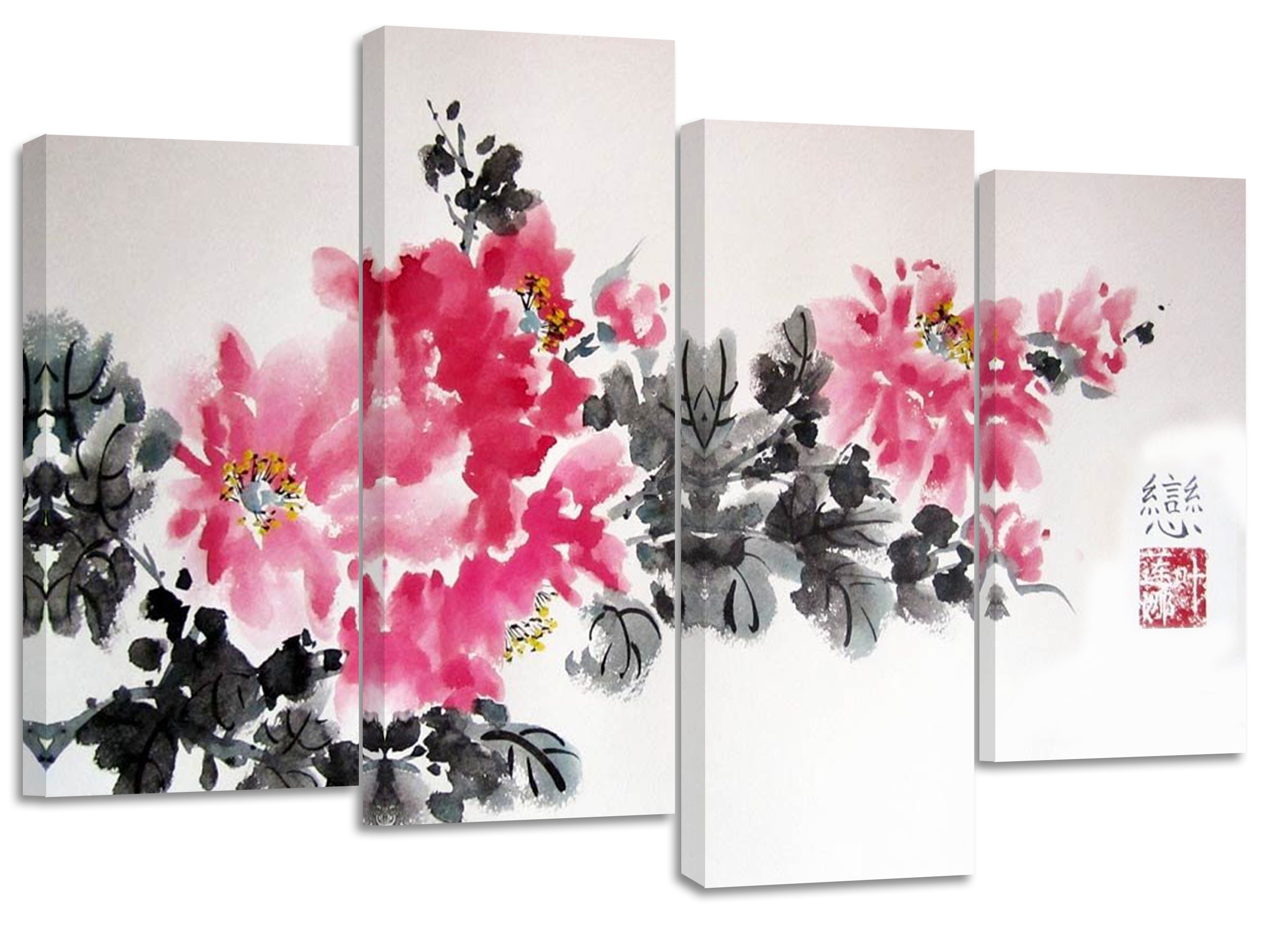 Japanese Ink Painting Flowers Set of 4 New Split Canvas Prints - Etsy UK