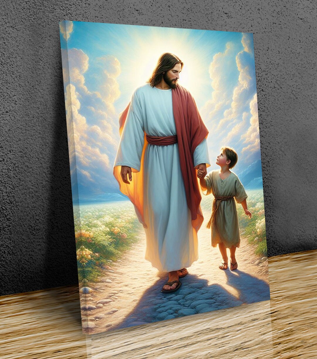 Child Walking With Jesus Christ Mounted Canvas Print , Wall Art, Wall ...