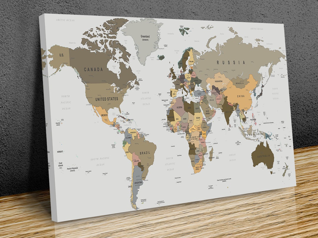 World Map Sepia Tones Light Grey Background Detailed Wall Art , Wall ...