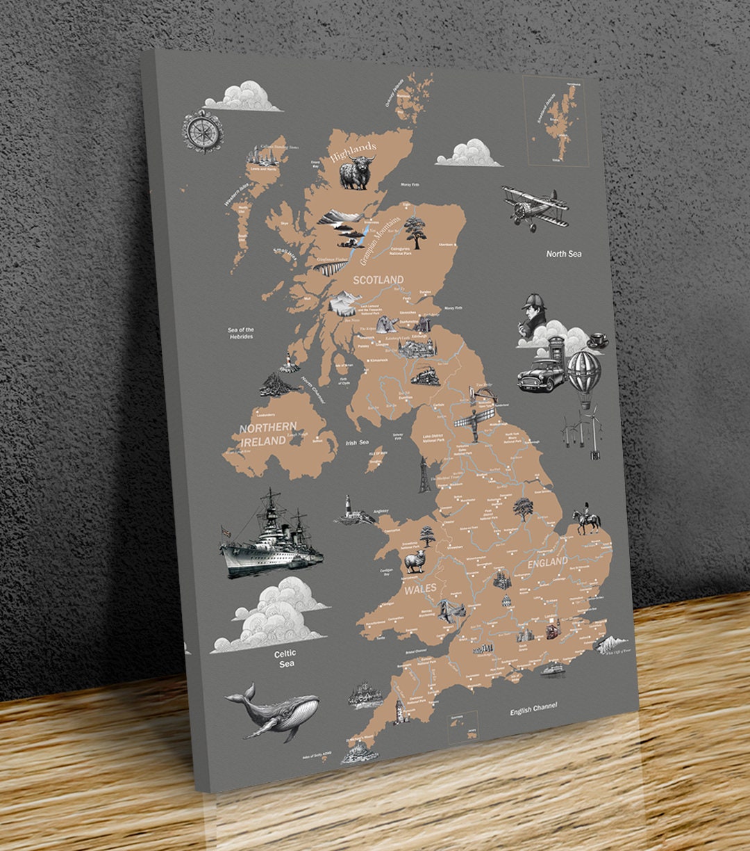 Map of the United Kingdom Detailed and Illustrated, Wall Hangings, Home ...