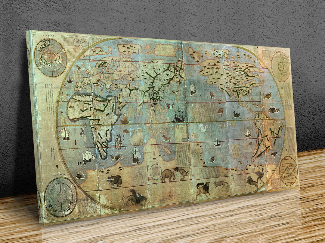 Japanese Vintage World Map, Panoramic, Home Décor,framed Canvas Art ...