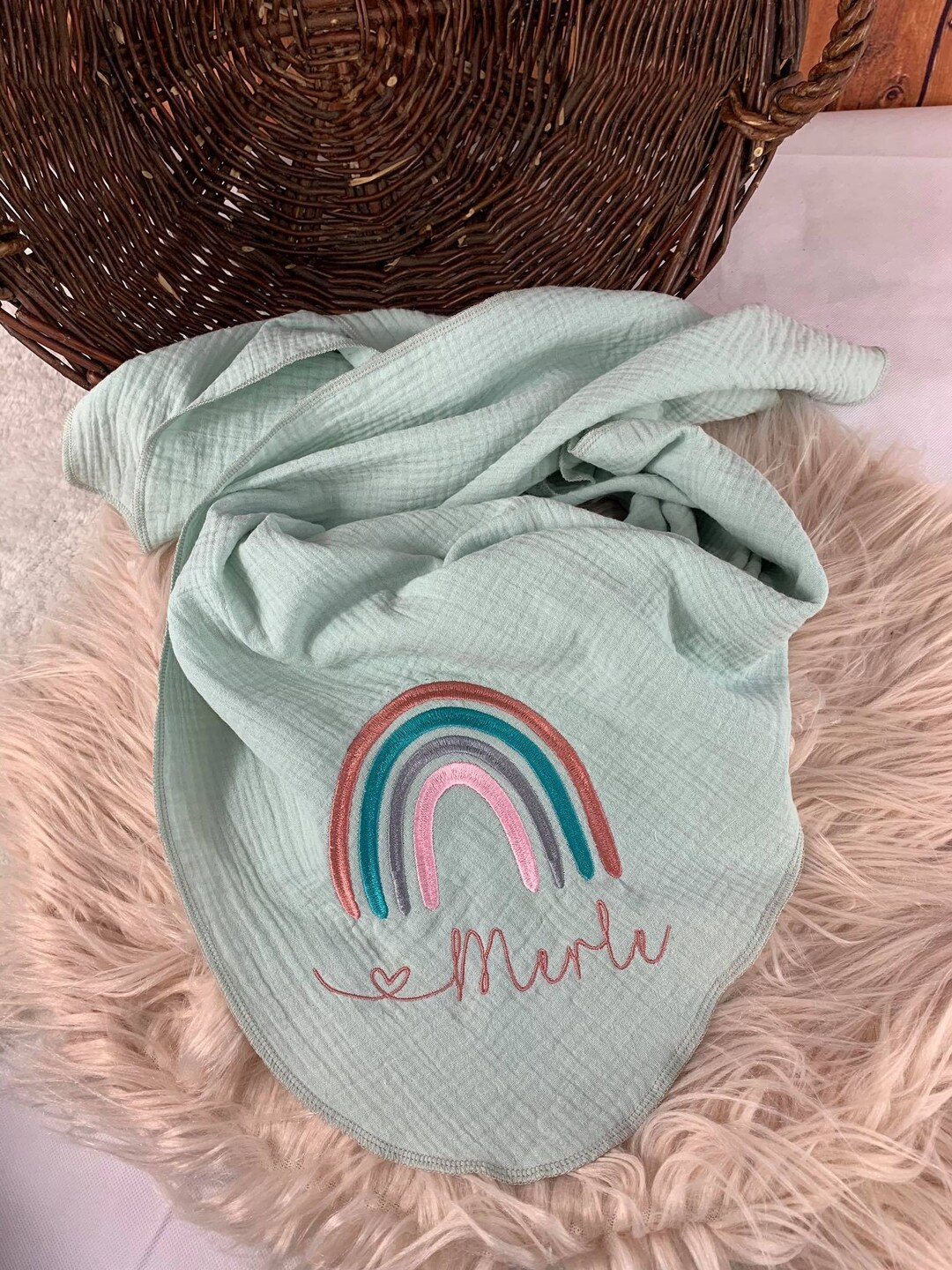 Halstuch, Musselintuch, Musselin, Tuch mit Stickerei, Boho, Regenbogen ...