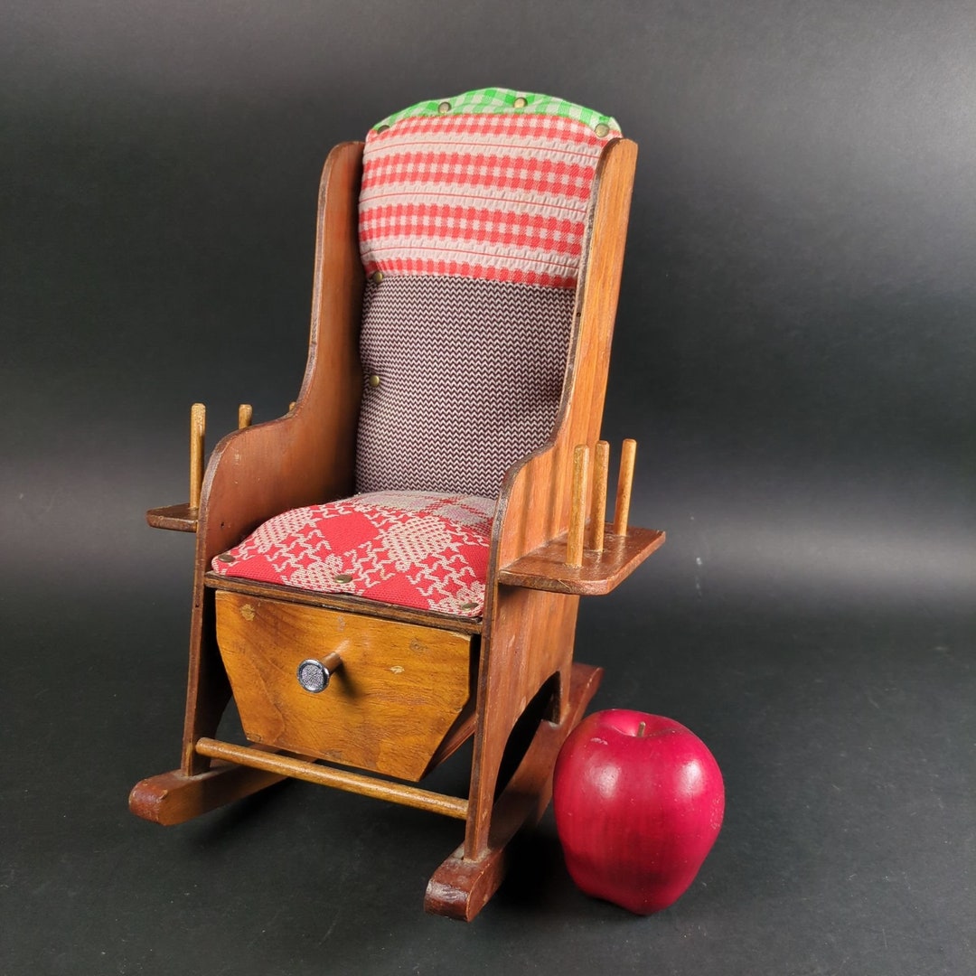 Wooden Rocking Chair Pin Cushion Pull Out Drawer Holds Spools Sewing ...