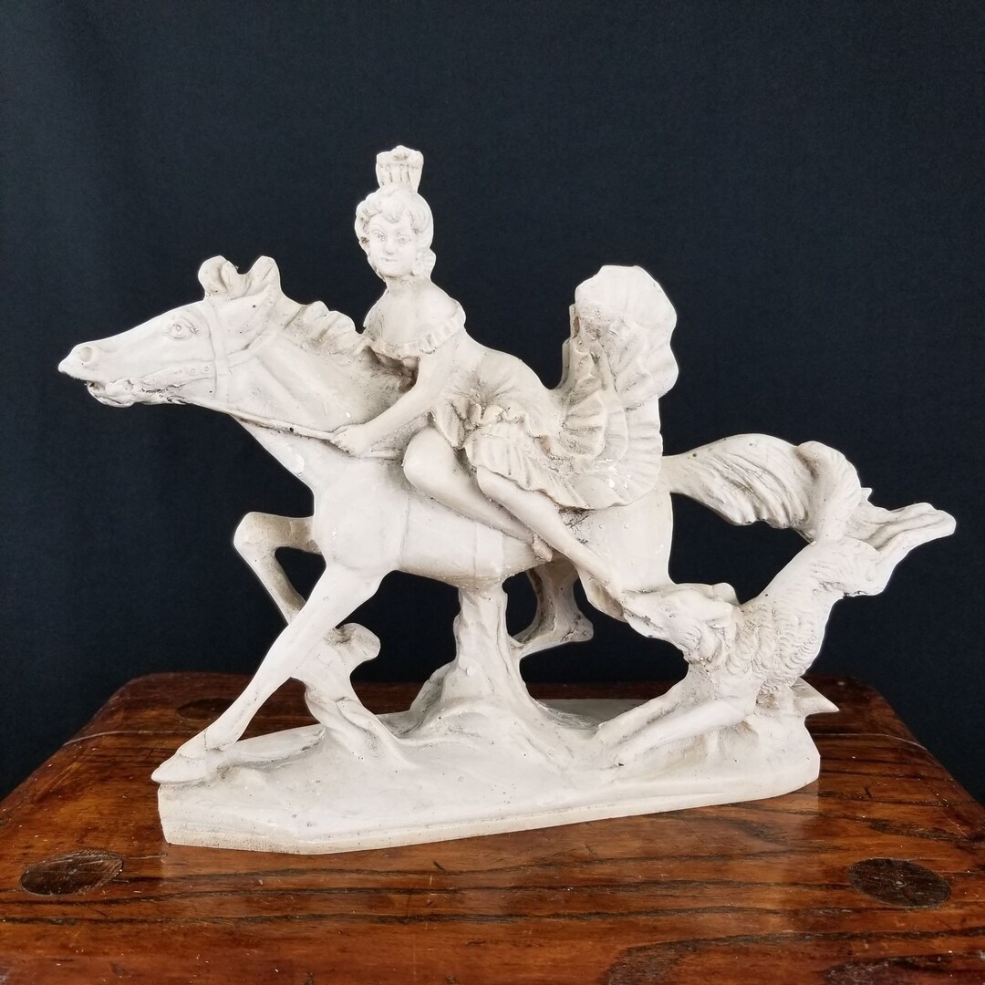 Carved Sculpture Statue Woman Sidesaddle Riding Horse Dog Running ...