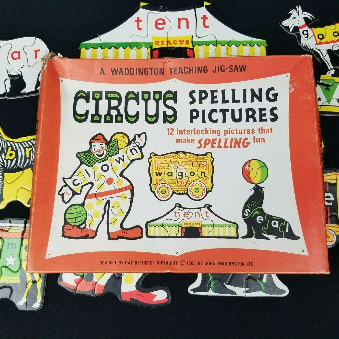 1968 Teaching Jig Saw Puzzle Circus Spelling Pictures Waddington Ray ...