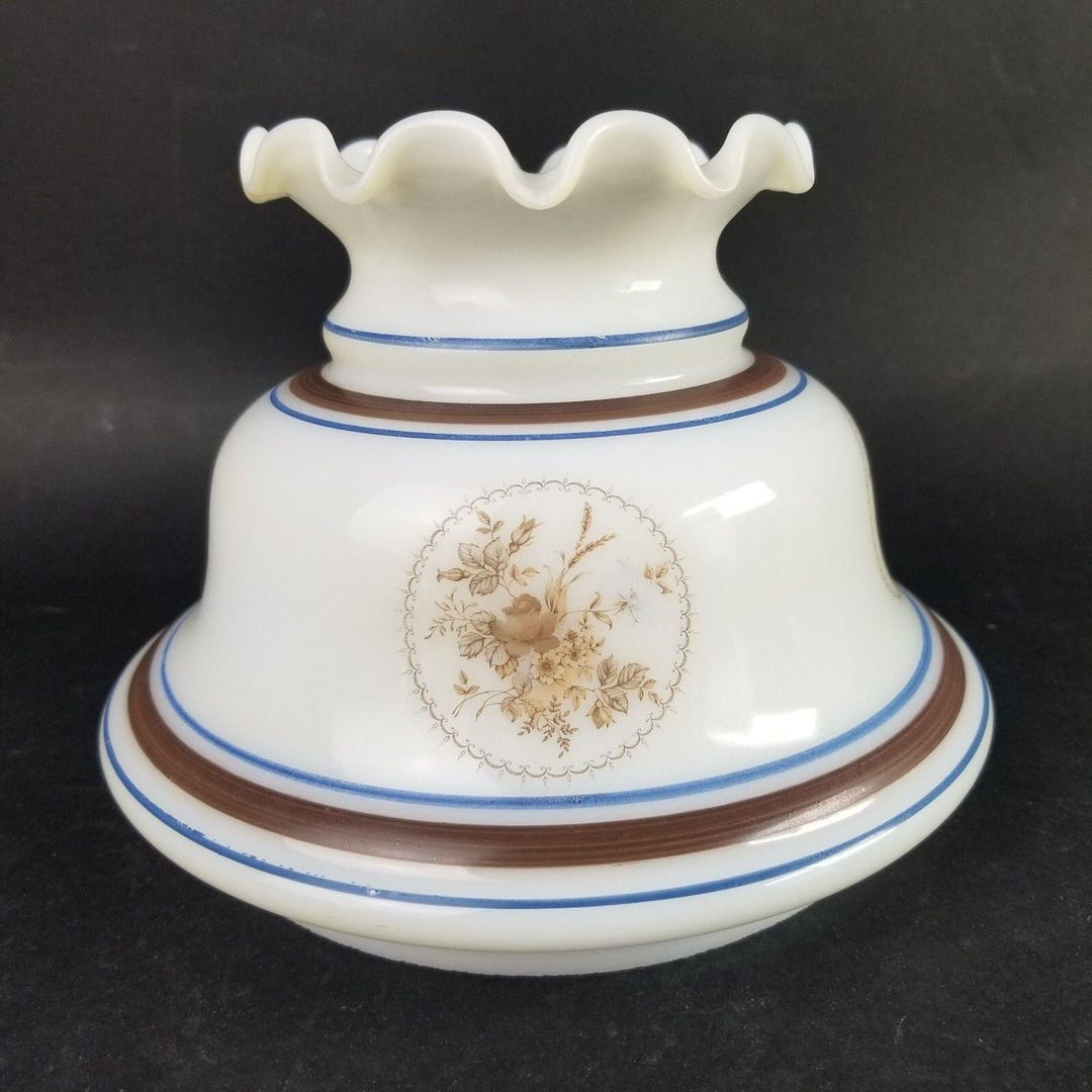 Abigail Adams White Milk Glass Shade Brown Floral Designs Blue Stripes ...