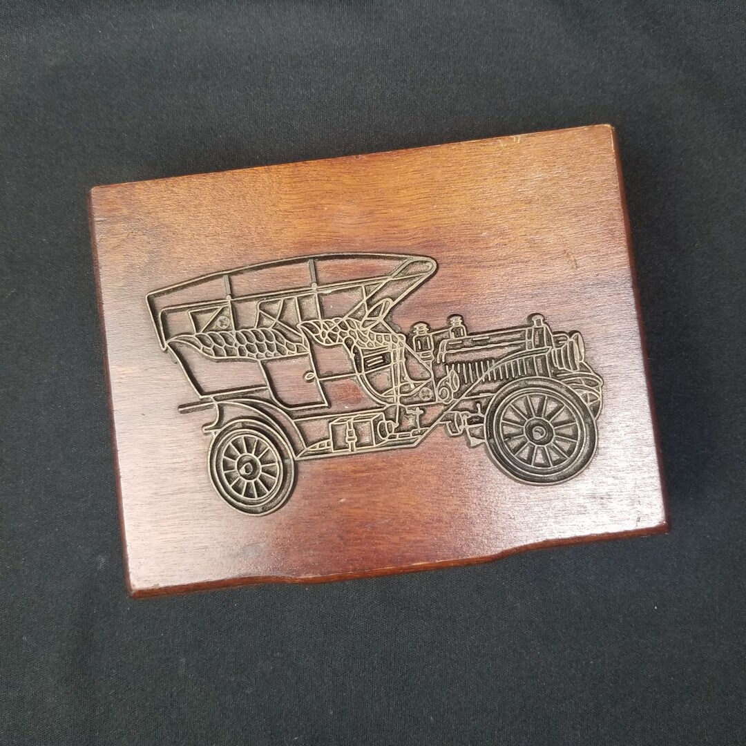 2 Deck Car Themed Cards Wooden Box Metal Car Decor 1986 Stratford Made ...
