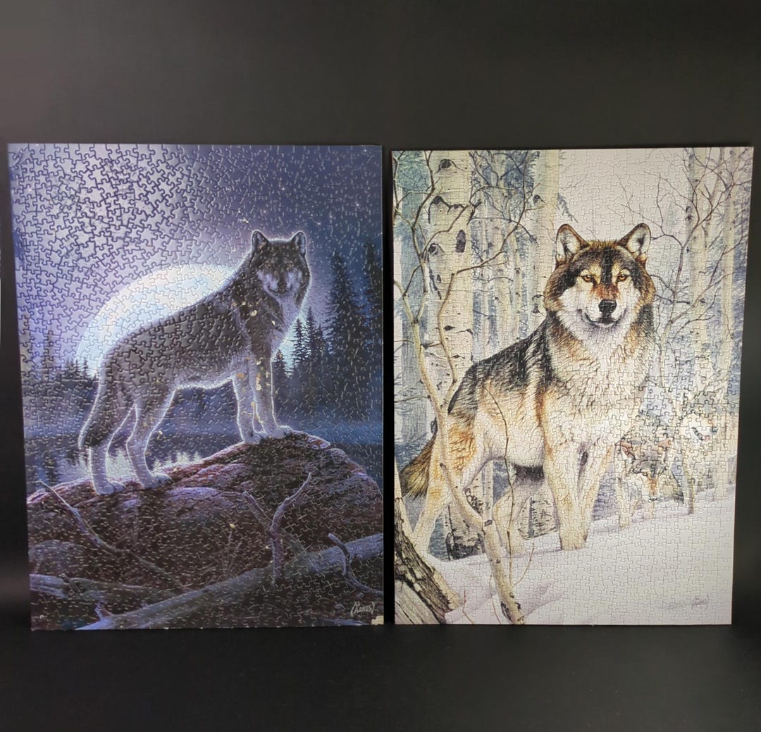 2 Wolf Full Moon Wall Hangings Al Agnew Puzzle Art 1991 Completed Snow ...