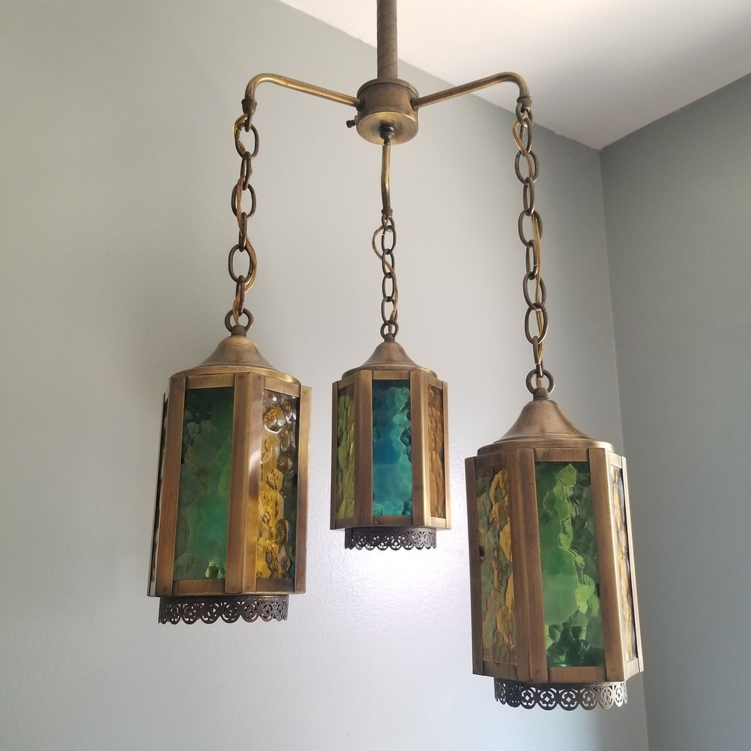 Staggered Swag Lamp 3 Shade Fixture Stained Glass Textured - Etsy