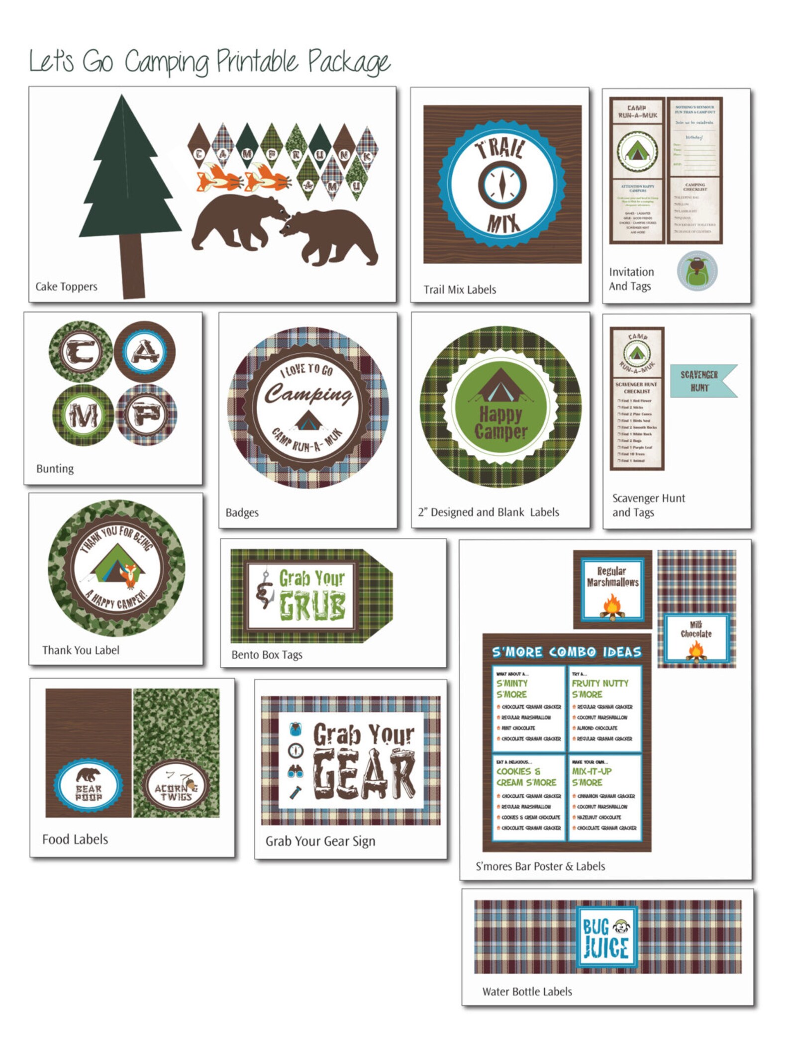 Camping Birthday Party Printables Set - INCLUDES CUSTOMIZED INVITATION ...