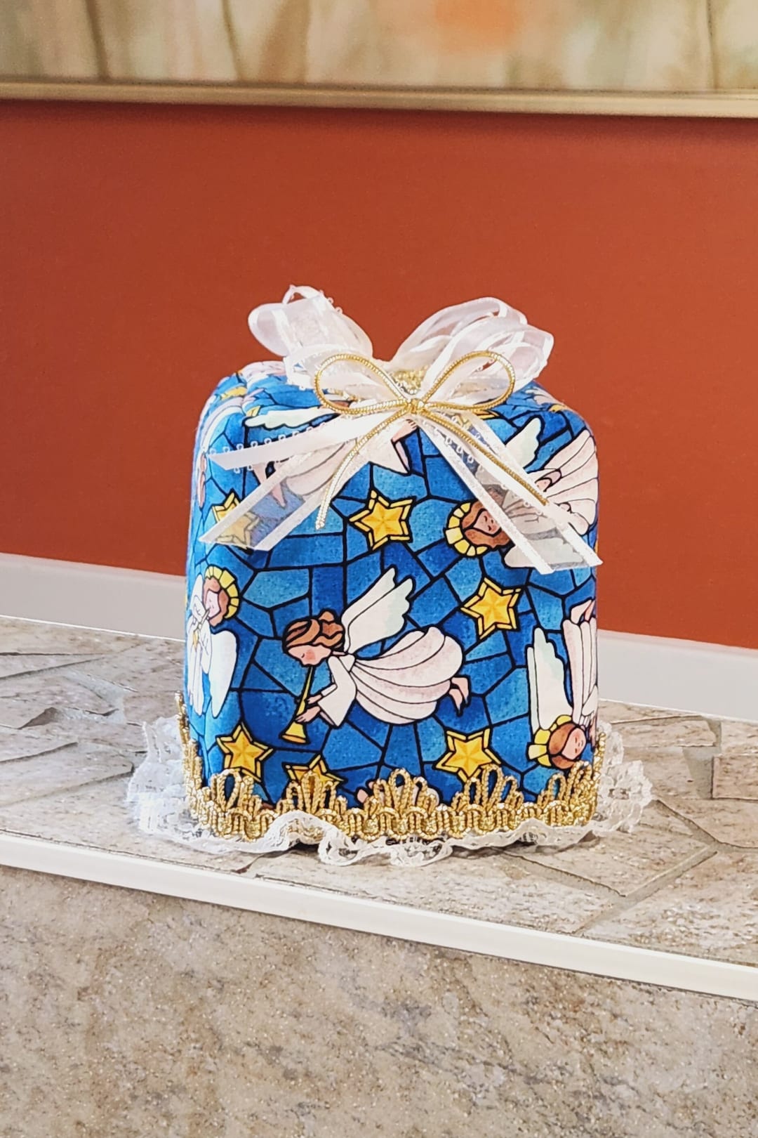 Tissue Box Cover Christmas Flying Angels Trumpets Blue Mosaic Gold Trim ...