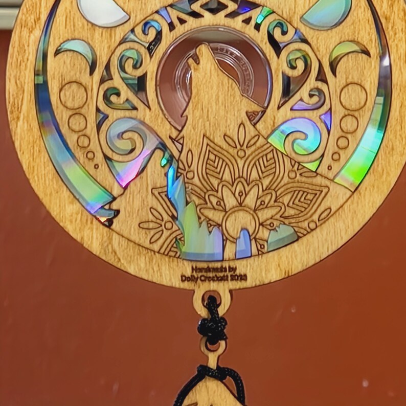 Howling Wolf DVD CD Suncatcher Laser Cut Wood Light Reflector Brilliant Colors Rainbow Prism ...