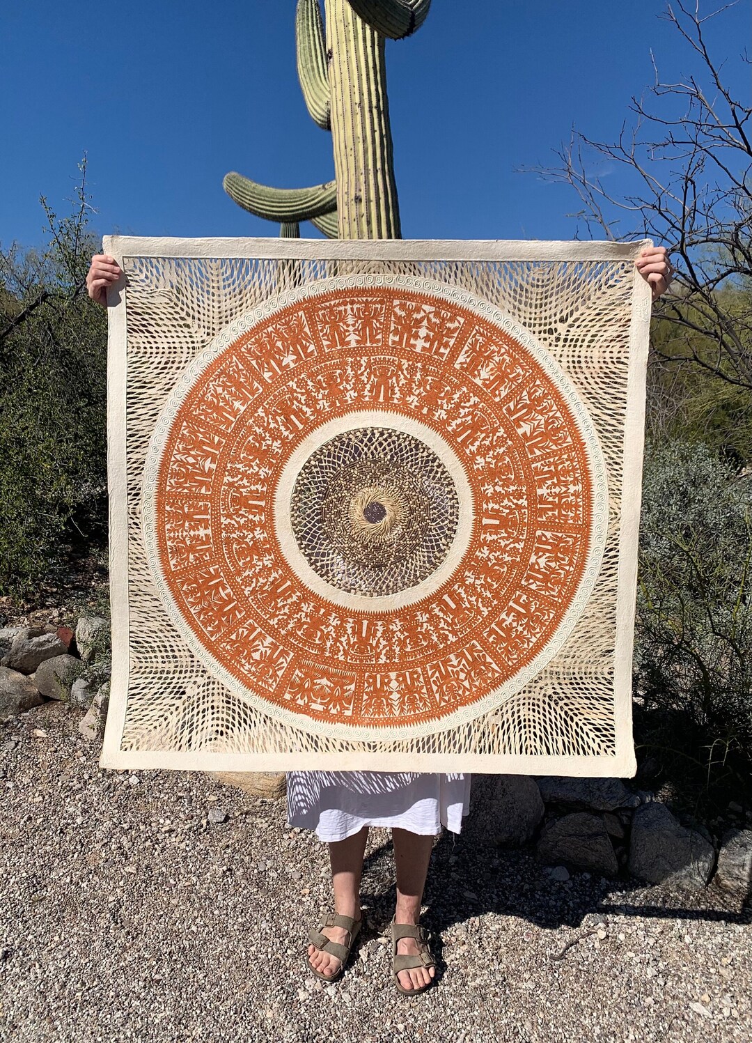 XXL Mexican Handmade Amate Paper 47sq frame Not Included Terracotta ...