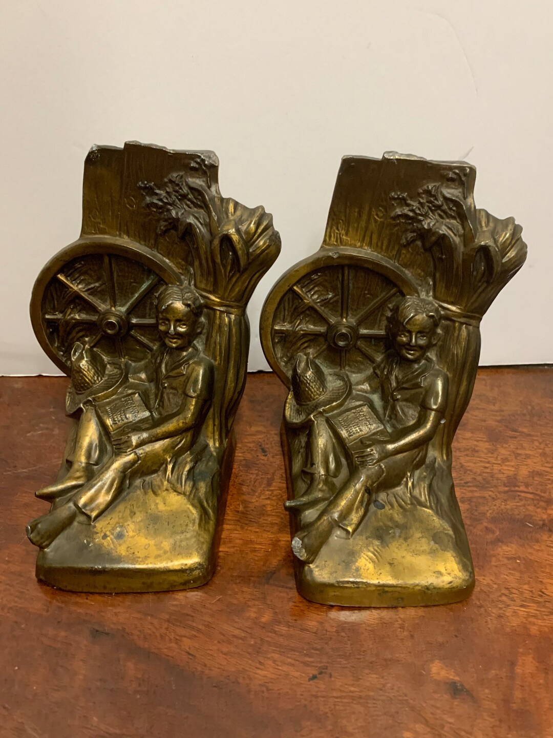 Vintage Brass Plated Spelter Farmer Child Bookends - Etsy
