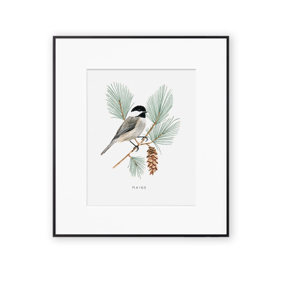 Maine State Bird Art Print Maine Chickadee and Pinecone - Etsy