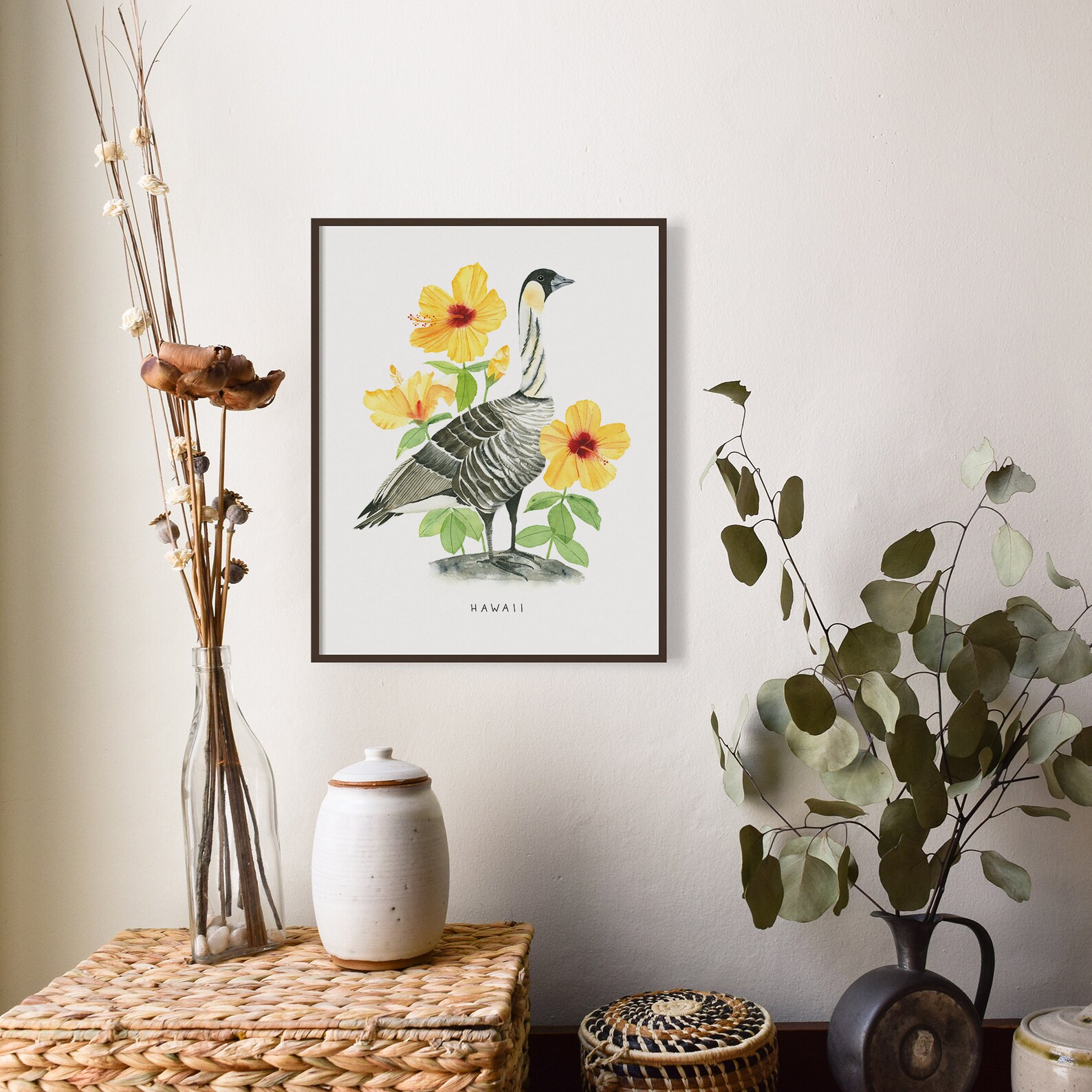 Hawaii State Bird Nene Goose Art Print | Hibiscus Flower Wall Art - Etsy