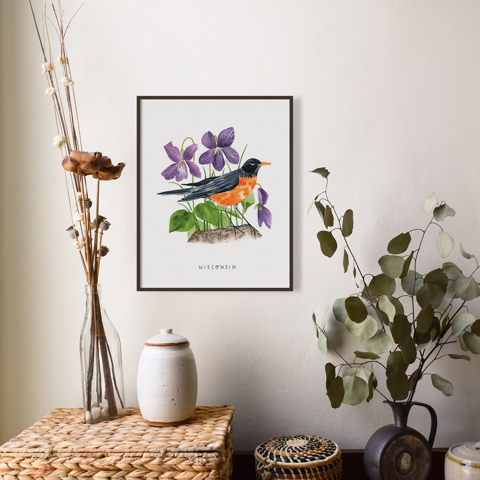 Wisconsin State Bird Art Print Wisconsin Robin and Voilets - Etsy