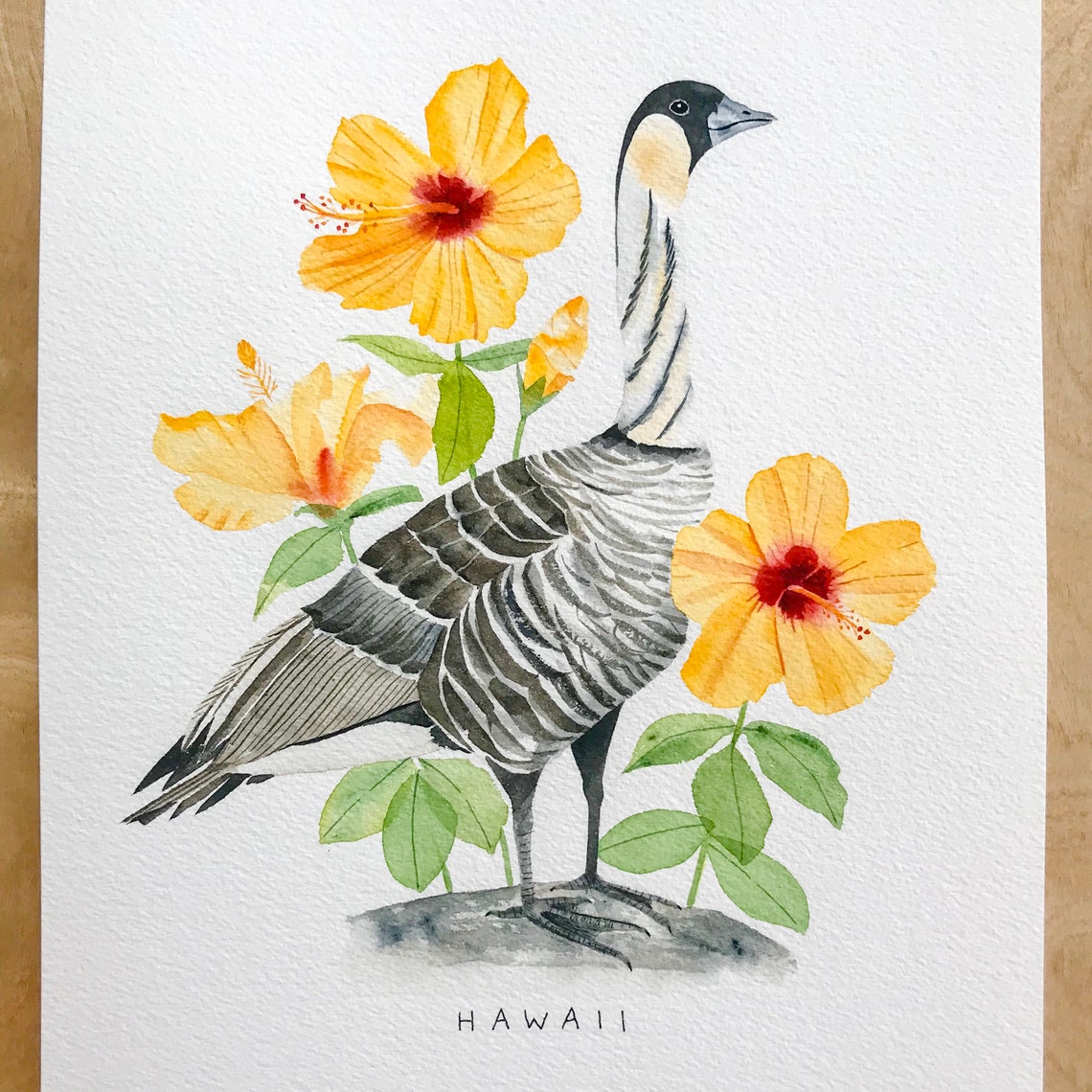 Hawaii State Bird Nene Goose Art Print | Hibiscus Flower Wall Art - Etsy