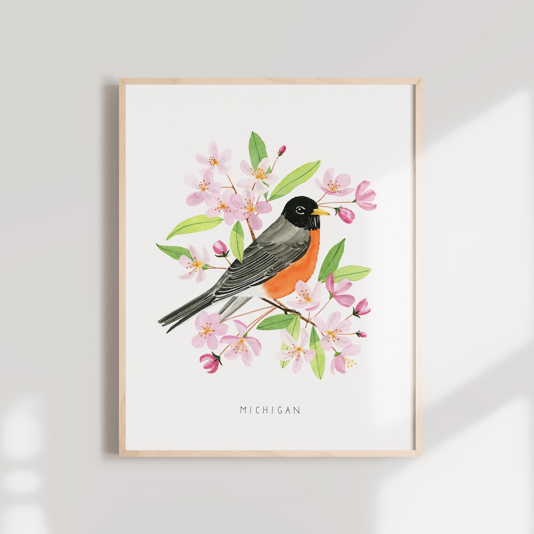 Michigan Robin Art Print | Apple Blossom Watercolor Home Decor - Etsy