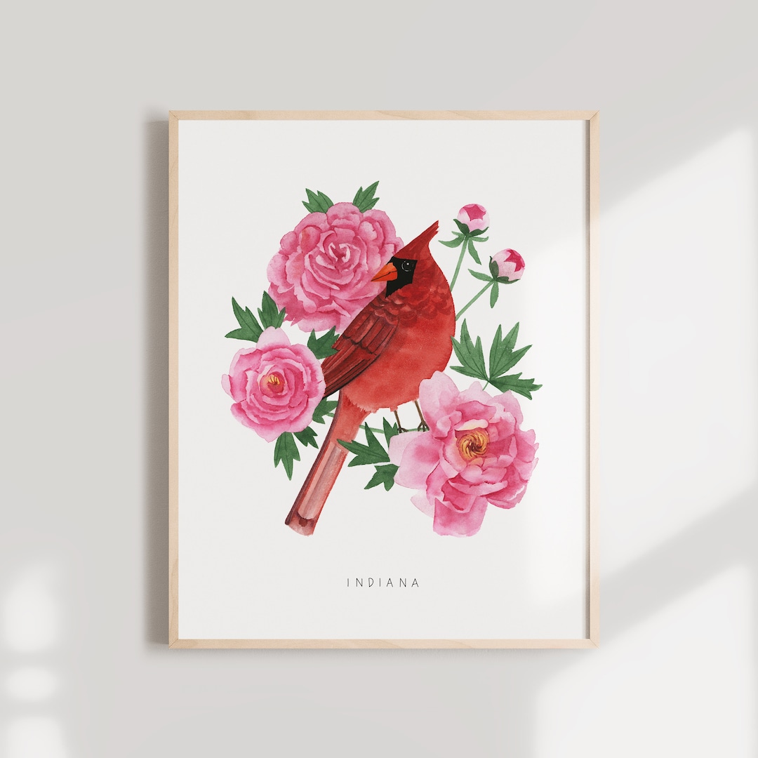 Indiana State Bird Art Print | Indiana Cardinal and Peony - State ...