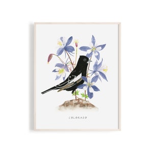 Colorado Lark Bunting Art Print | Columbine State Flower Watercolor - Etsy