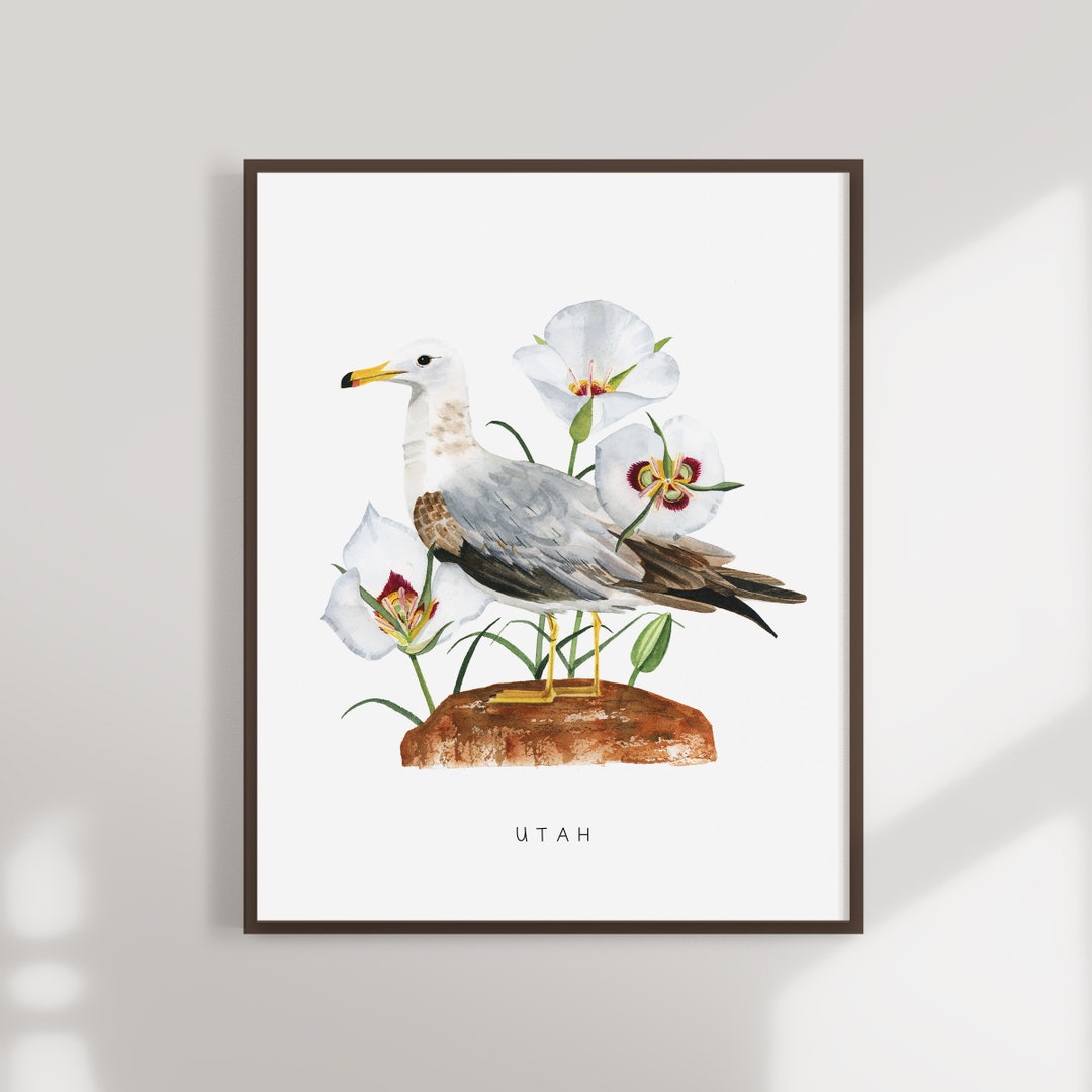 Utah State Bird Art Print | Utah California Gull and Sego Lily - State ...