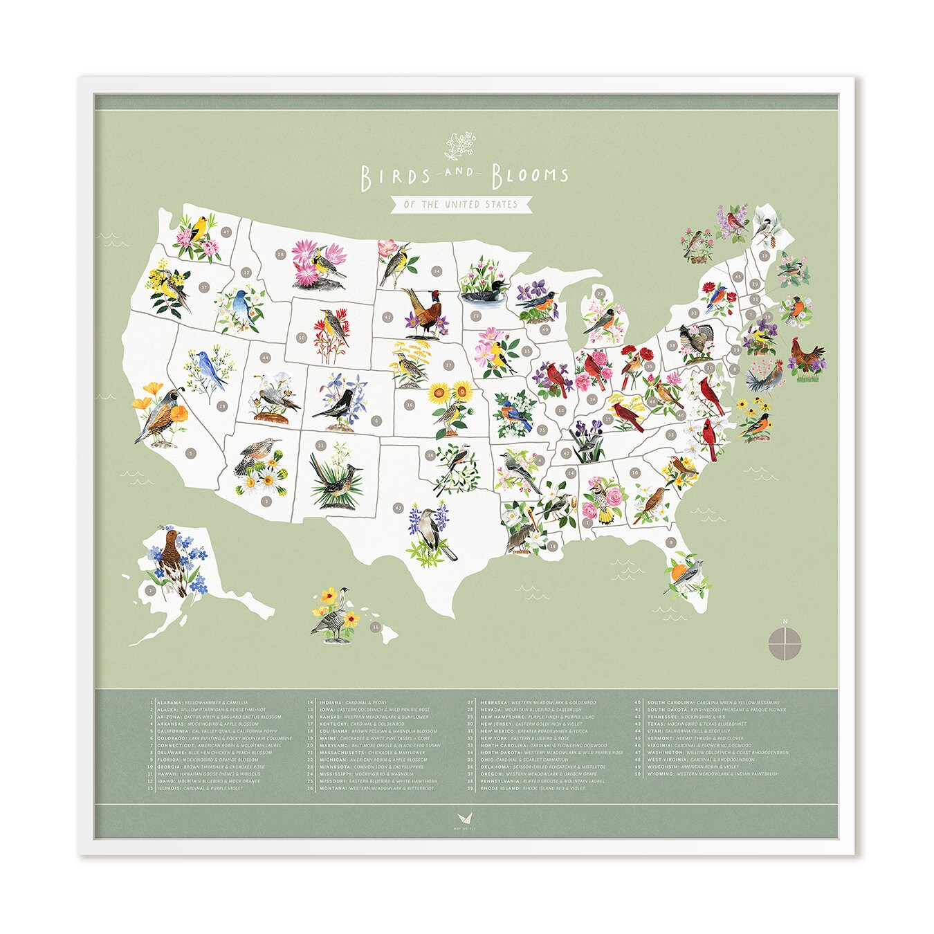 State Bird and Flower Map Poster | Illustrated US Botanical Art - Etsy