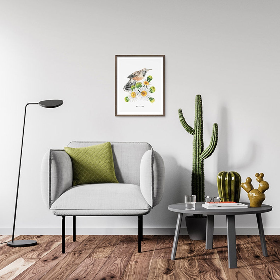 Arizona State Bird Watercolor Art Print | Cactus Wren & Saguaro Blossom ...