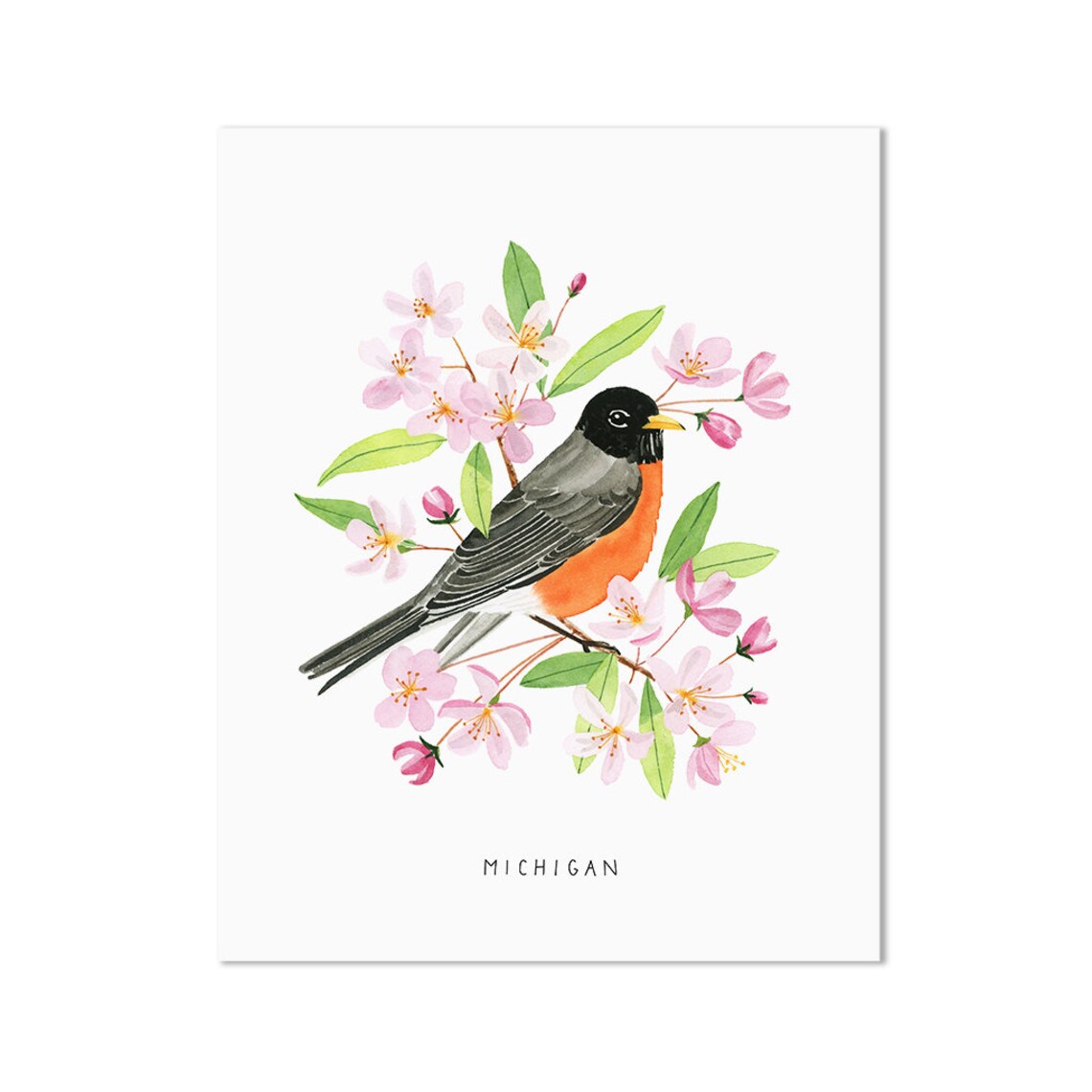 Michigan Robin Art Print | Apple Blossom Watercolor Home Decor - Etsy