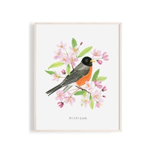 Michigan State Bird Art Print | Michigan Robin and Apple Blossom- State ...
