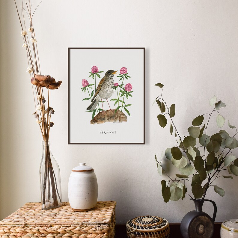 Vermont State Bird Art Print Vermont Hermit Thrush and Red | Etsy