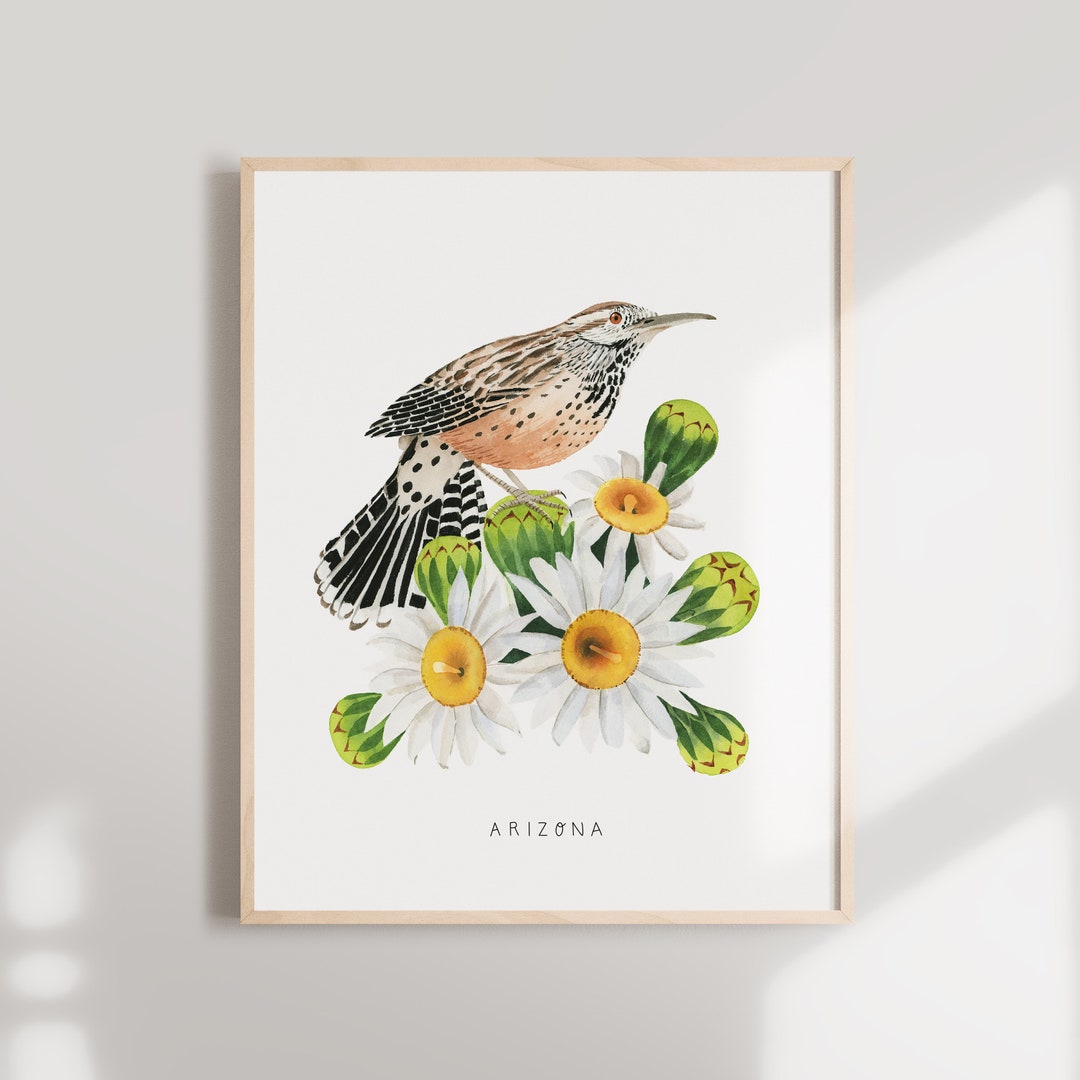 Arizona State Bird Art Print | Arizona Cactus Wren and Saguaro Cactus ...
