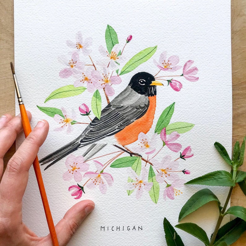 Michigan Robin Art Print | Apple Blossom Watercolor Home Decor - Etsy