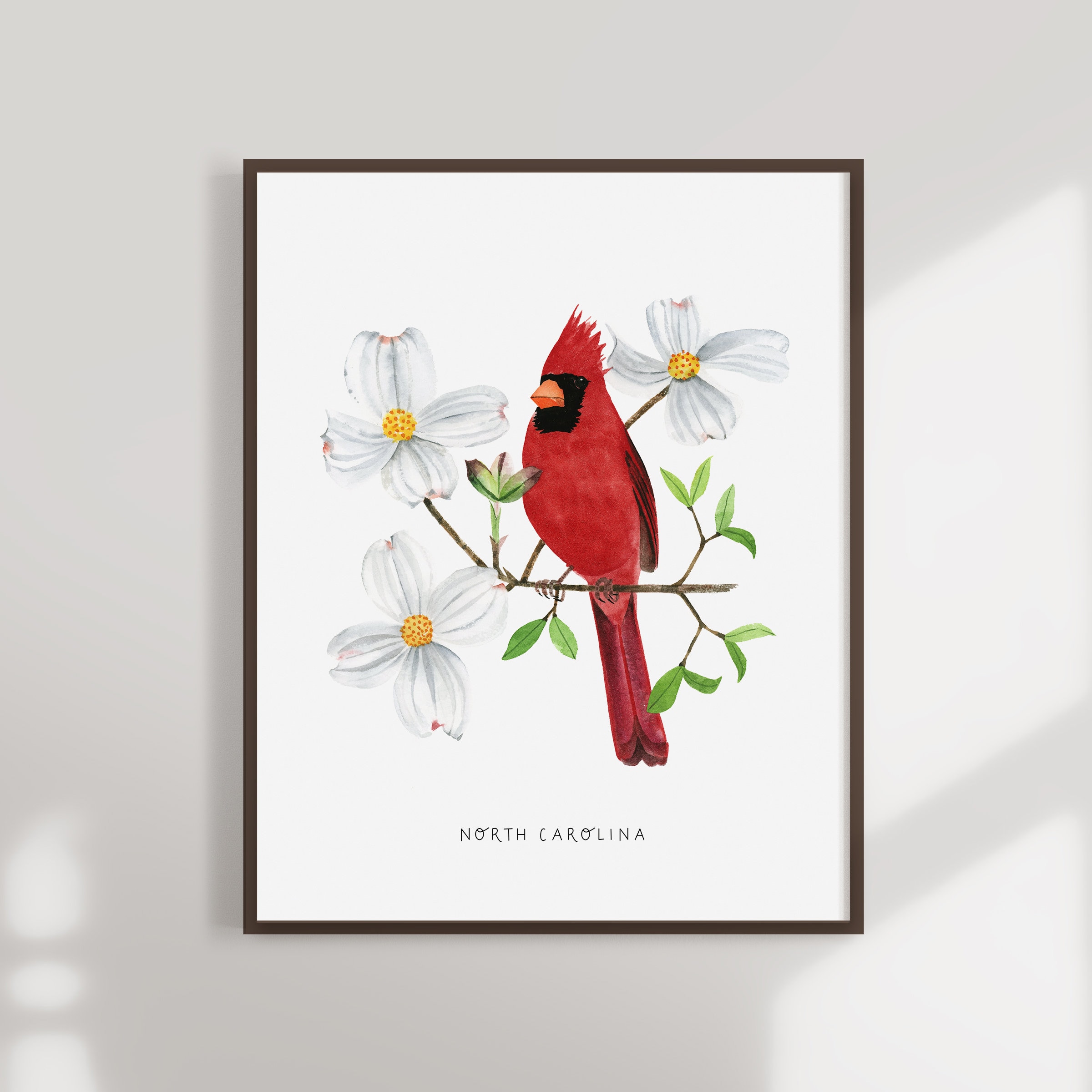North Carolina Cardinal Art Print | Dogwood Floral Watercolor - Etsy