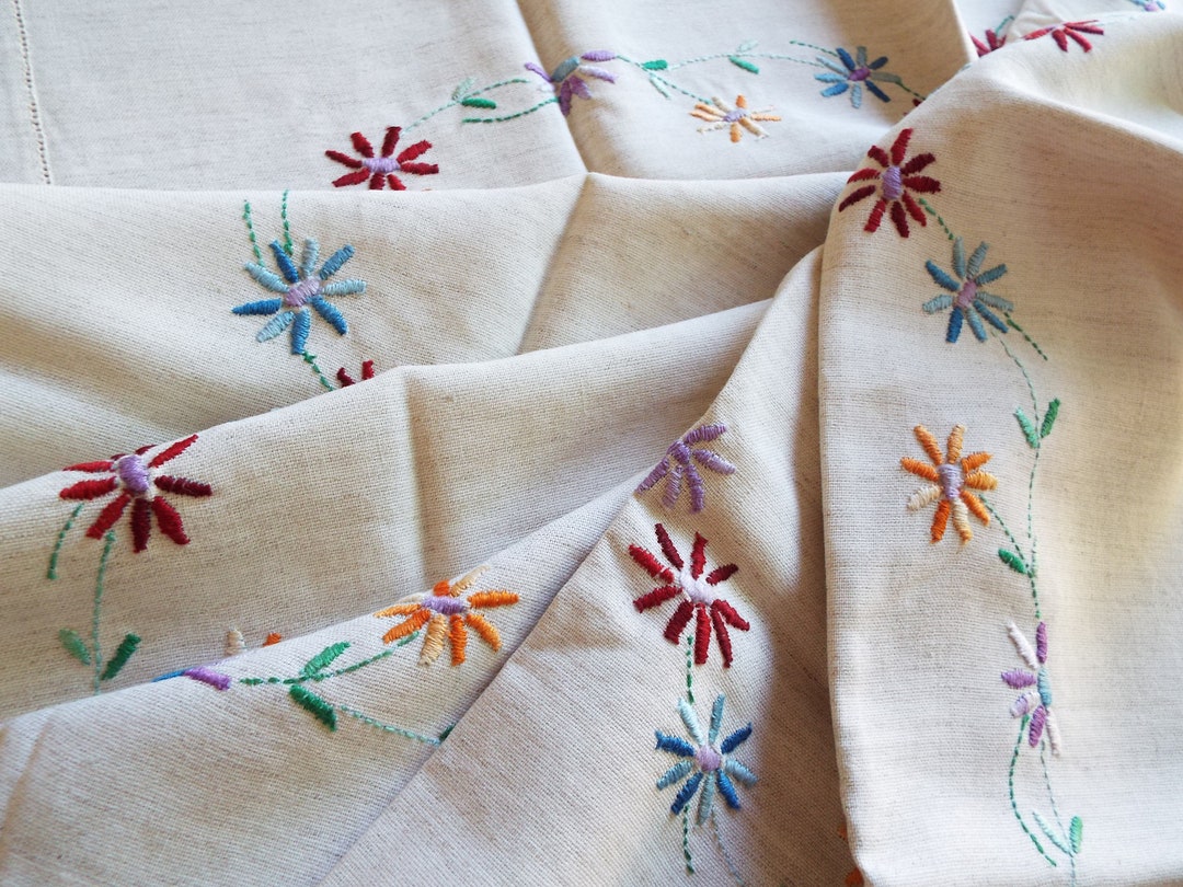 Vintage Square Tablecloth With Bright Flowers and Daisies. Hand ...