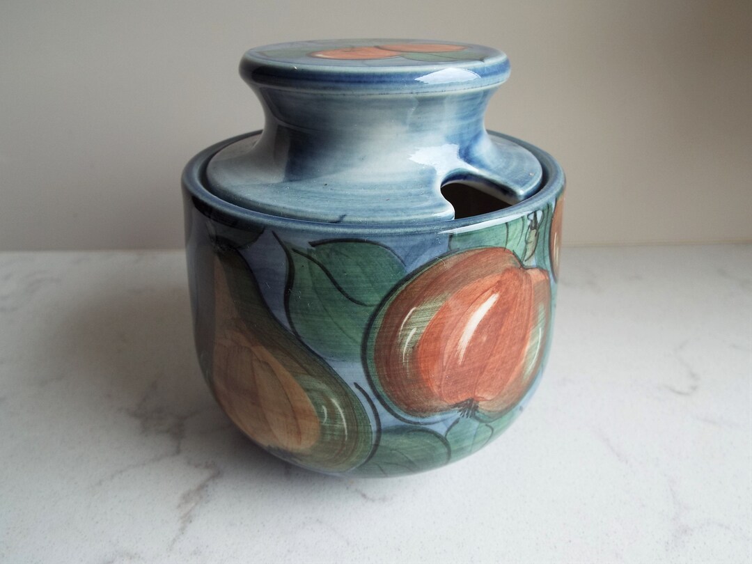 Vintage Jam Pot, Jersey Pottery. Blue Preserve Pot With British Orchard ...
