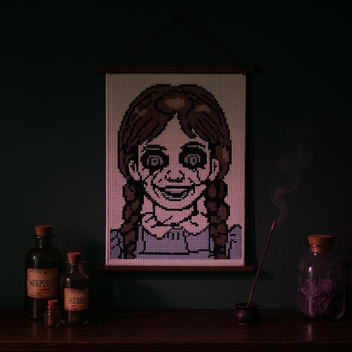 Annabelle Haunted Doll Crochet Wall Hanging Pattern • Horror C2C / SC ...