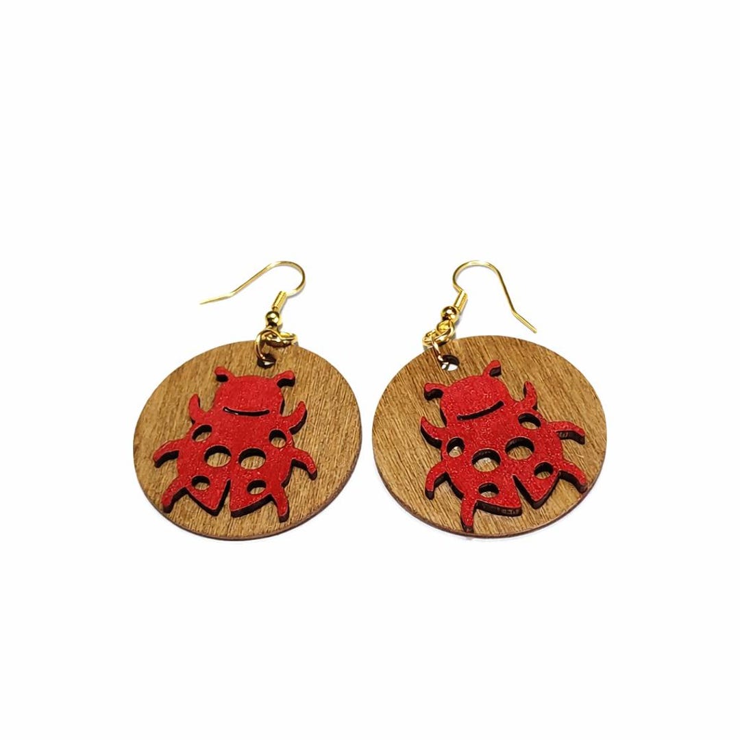 Red Ladybug Wooden Dangle Earrings 2.5 Inch Gold Hook Earrings Nature ...