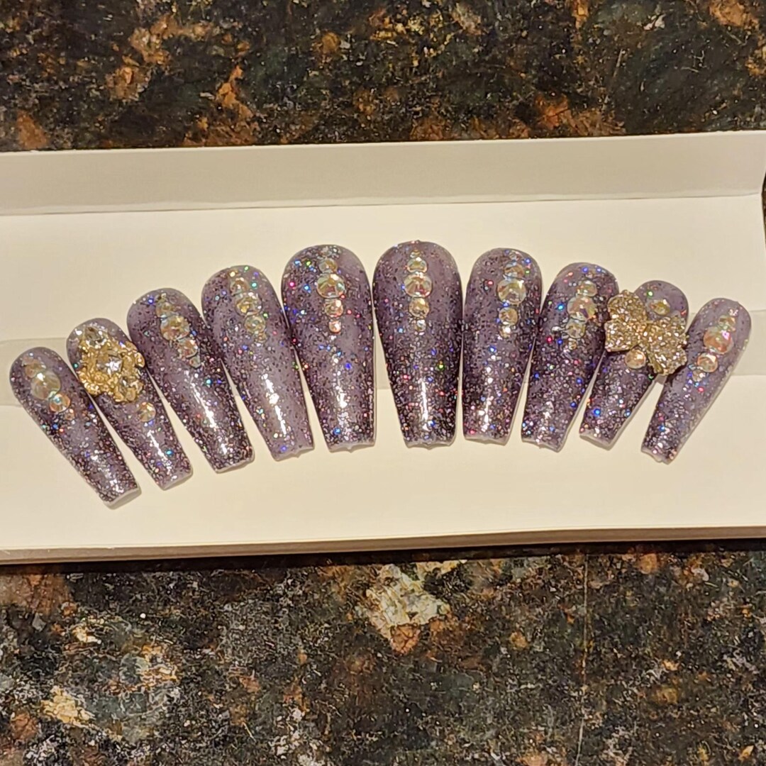 Purple Glitter Coffin Nails – Small Size - Etsy