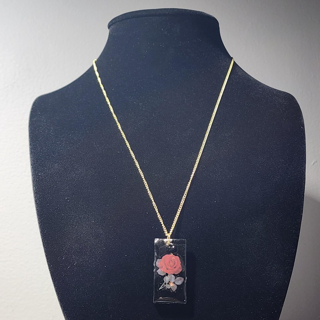 Red Rose Resin Pendant Necklace | Floral Rectangle Necklace | Romantic ...