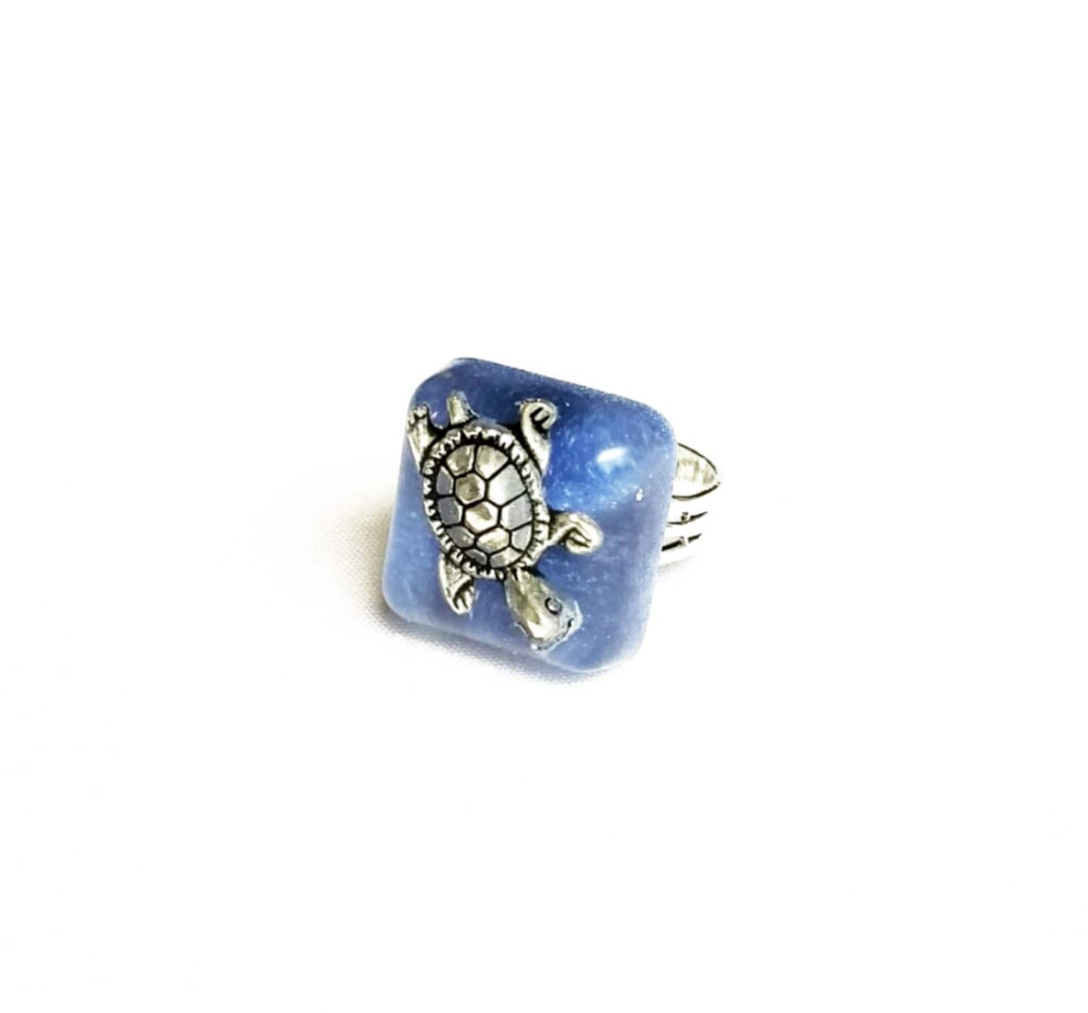 Silver Swimming Turtle Ring, Turtle Ring, Blue Turtle Ring, Adjustable ...