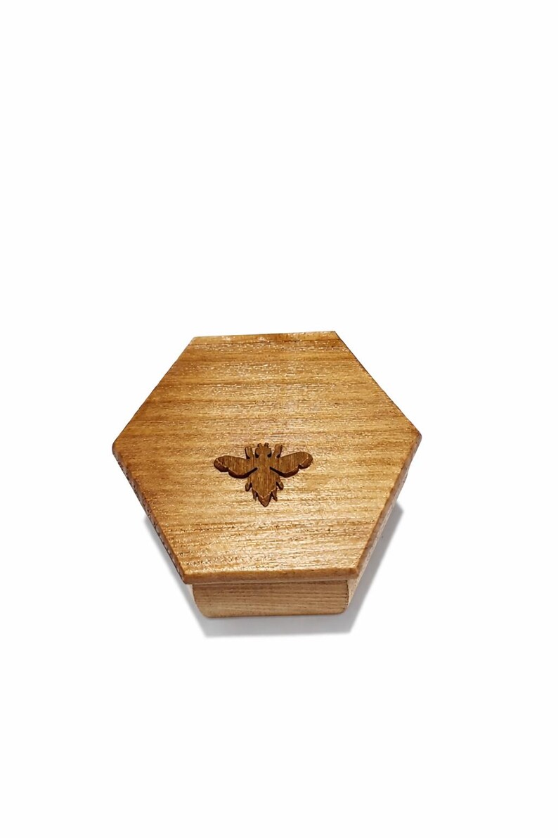 Hexagon Wooden Bee Box | Small Wood Trinket Box | Bee Carved Keepsake ...