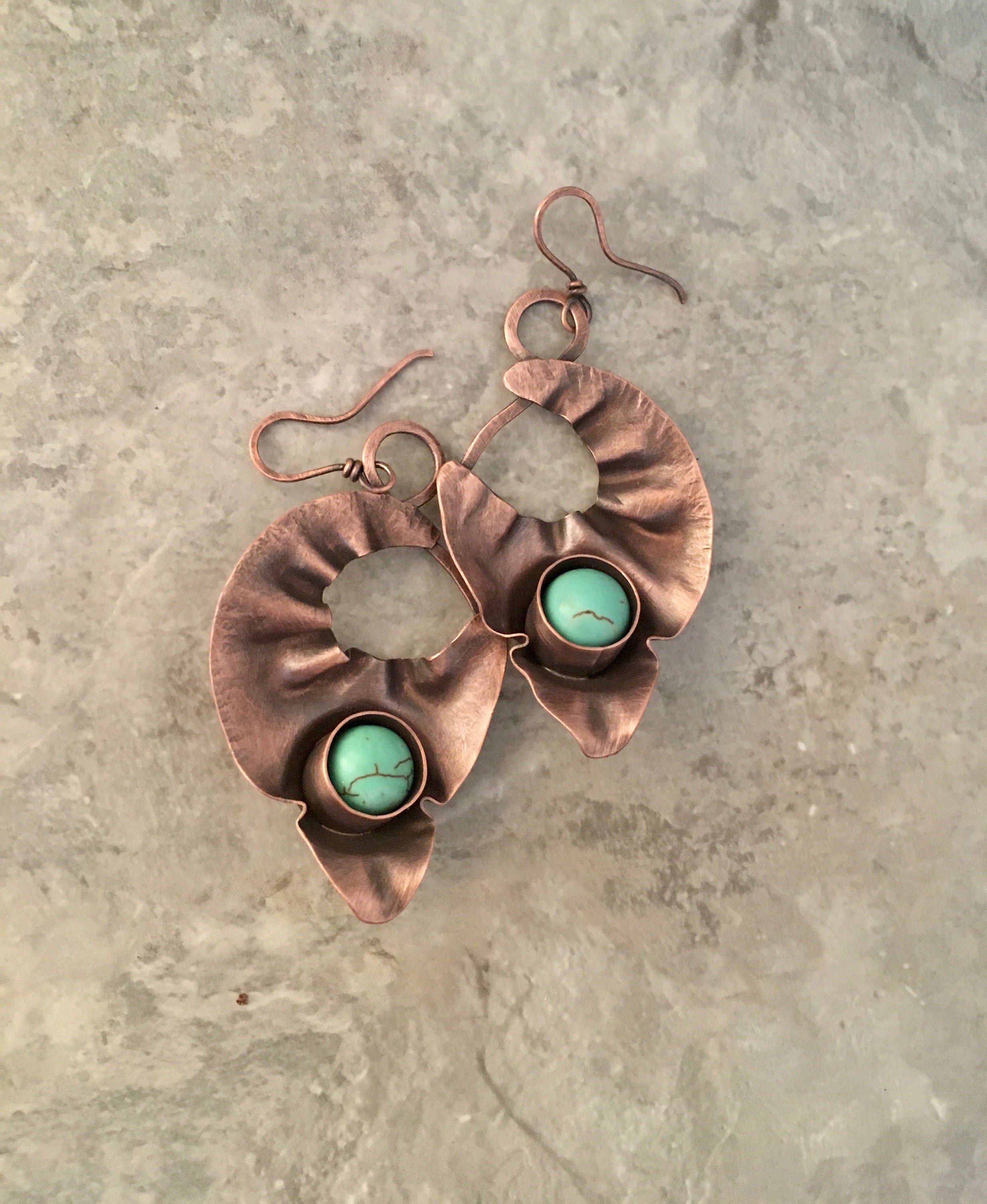 Rustic Metal Earrings, Textured Copper With Turquoise Earrings - Etsy