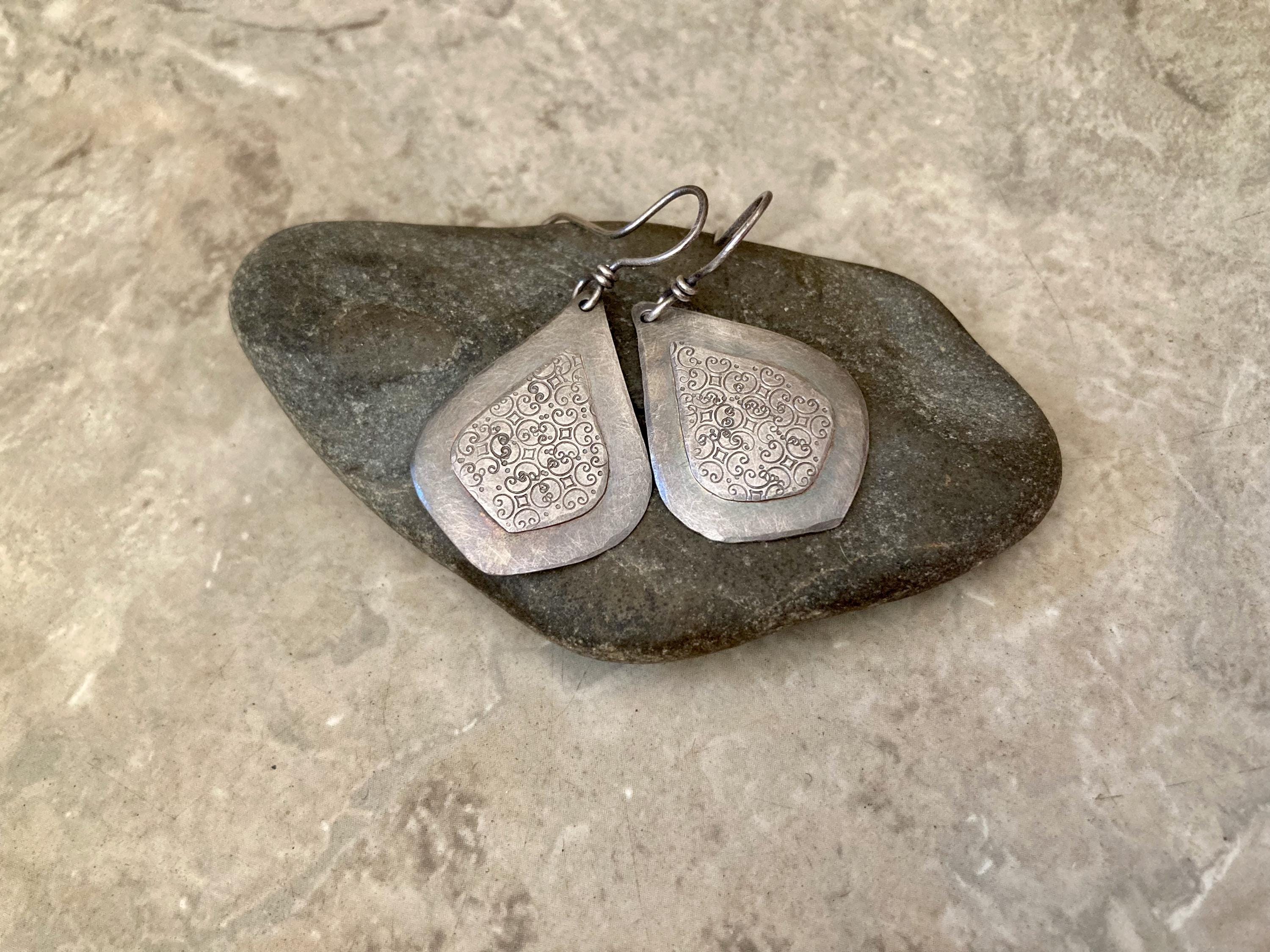 Hand Stamped Sterling Silver Earrings With Rustic Layered Design - Etsy
