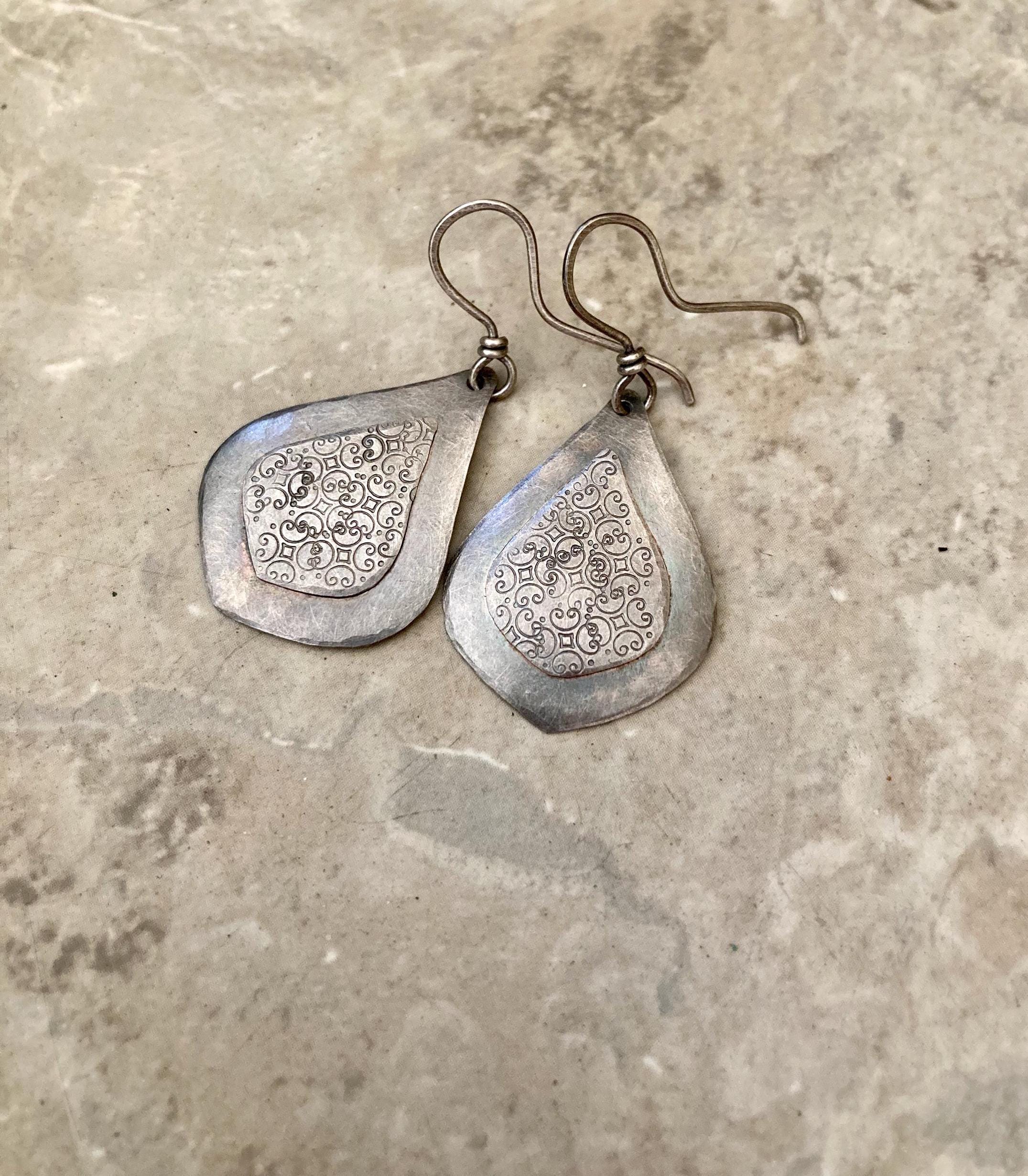 Hand Stamped Sterling Silver Earrings With Rustic Layered Design - Etsy