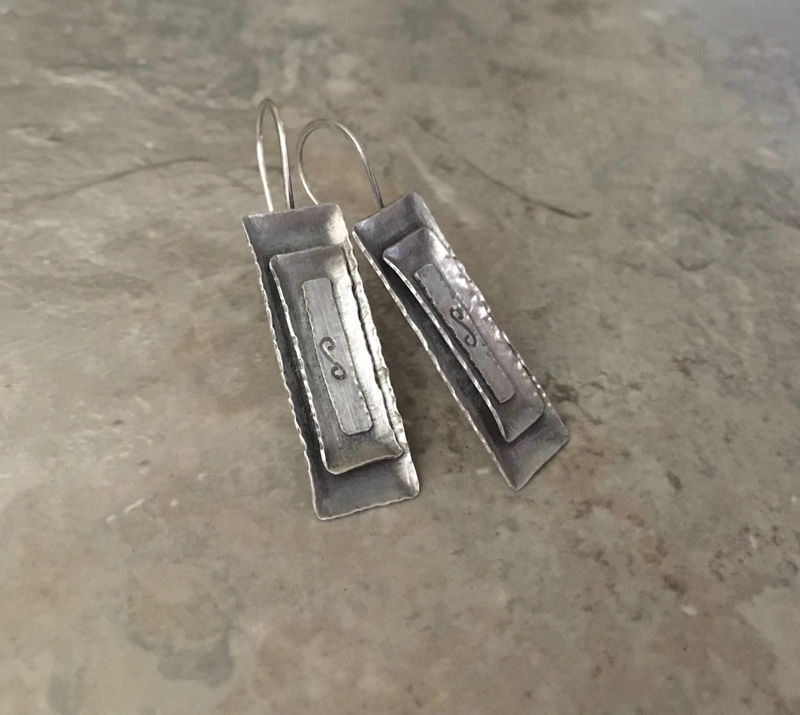 Rustic Sterling Silver Earrings Hand Stamped Silver Layered - Etsy