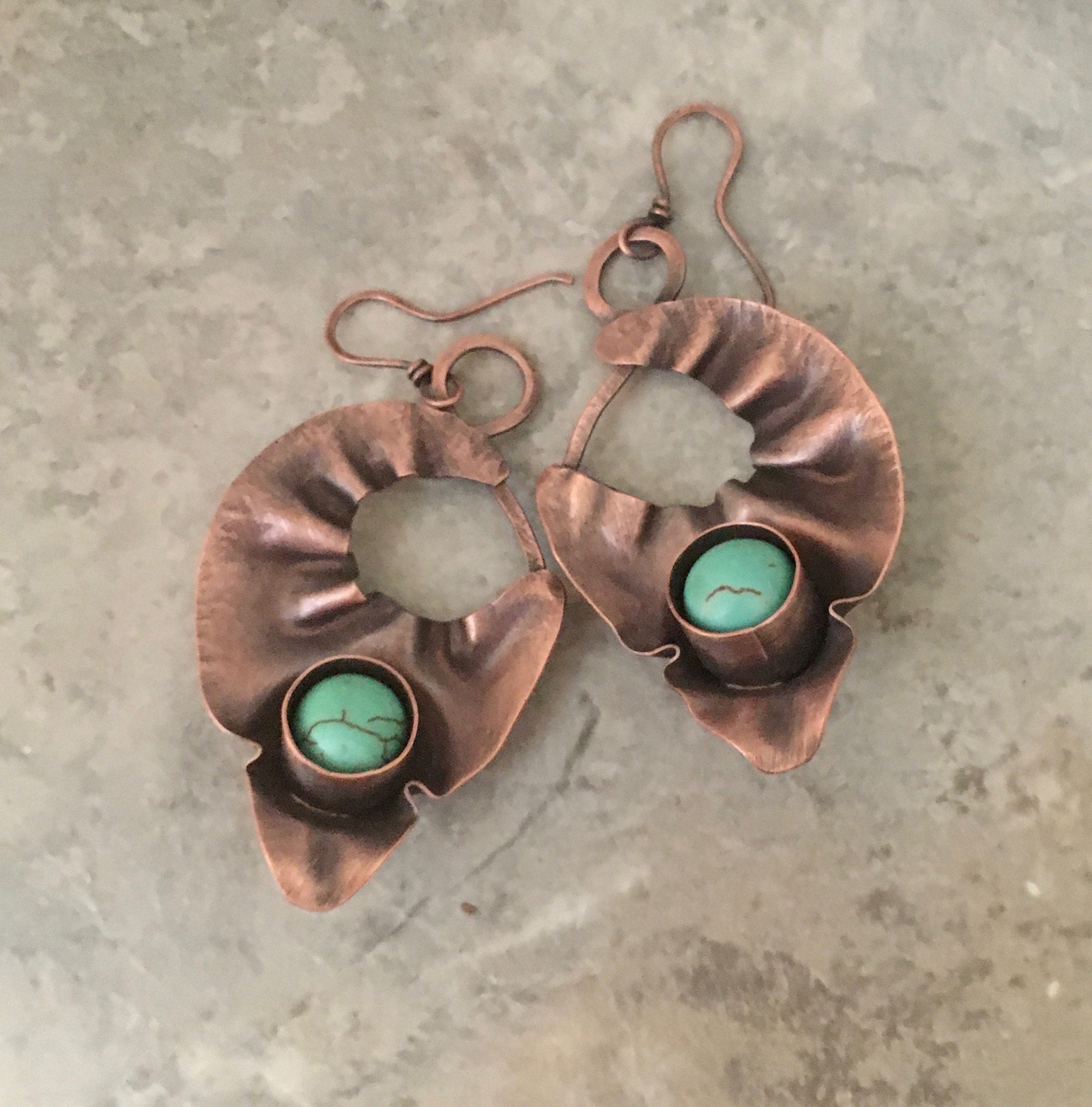 Rustic Metal Earrings, Textured Copper With Turquoise Earrings - Etsy