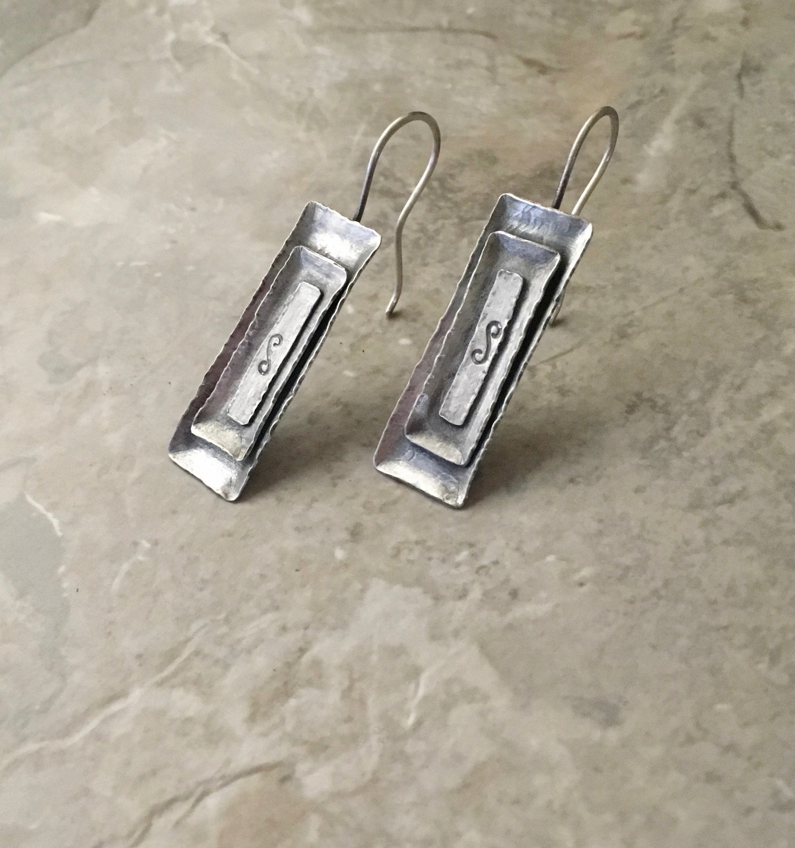 Rustic Sterling Silver Earrings Hand Stamped Silver Layered | Etsy