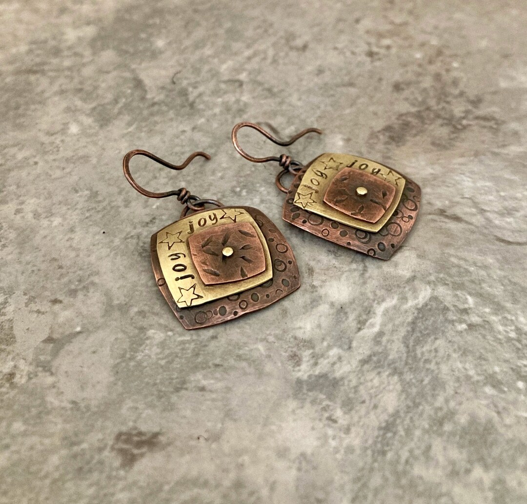 Rustic Copper Brass Boho Earrings Textured Mixed Metal - Etsy